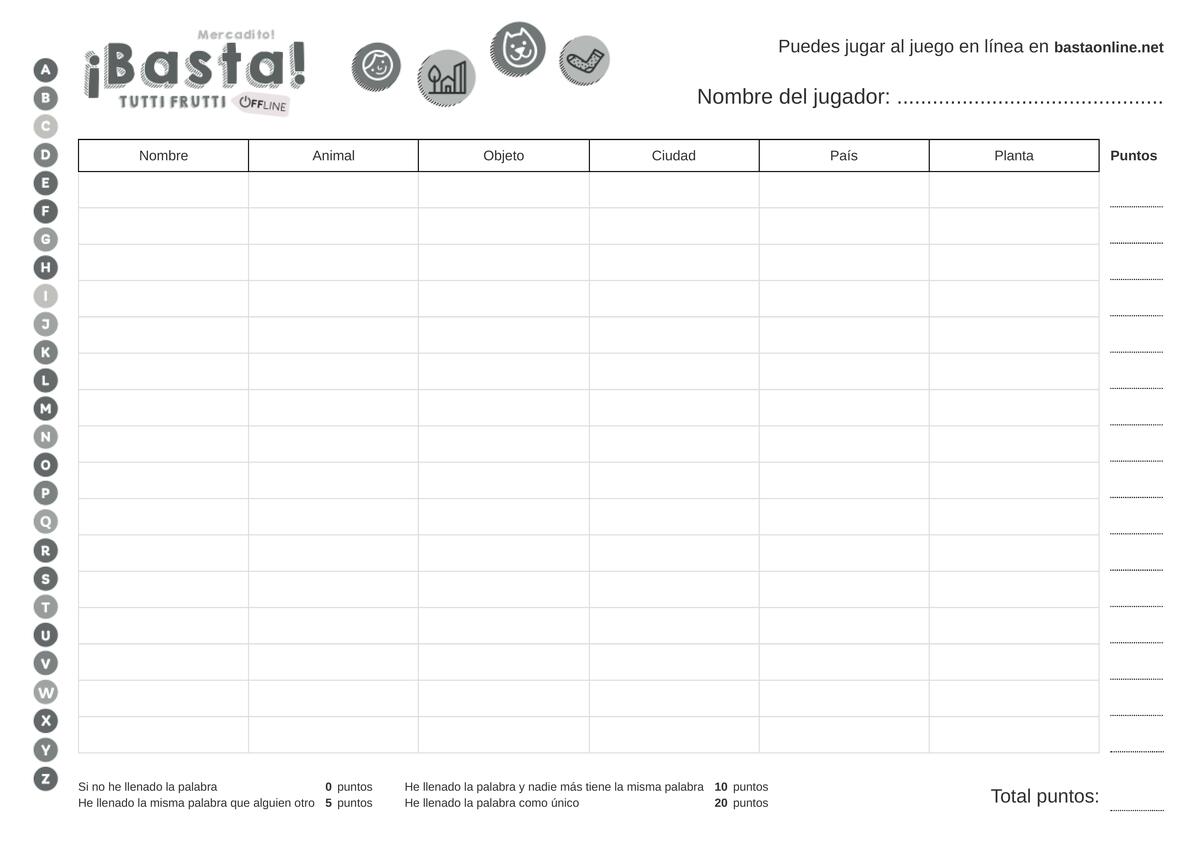 Descargar hojas de juego en PDF - Juego de ¡Basta!